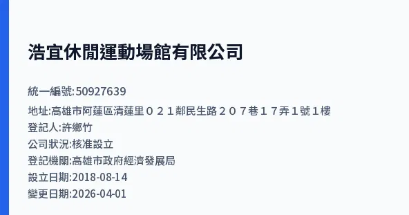 浩宜休閒運動場館有限公司的照片-統編 50927639(高雄市) 公司登記資料與營業項目詳細圖表