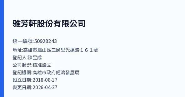 雅芳軒股份有限公司的照片-統編 50928243(高雄市) 公司登記資料與營業項目詳細圖表