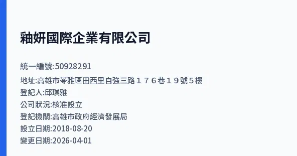 釉妍國際企業有限公司的照片-統編 50928291(高雄市) 公司登記資料與營業項目詳細圖表