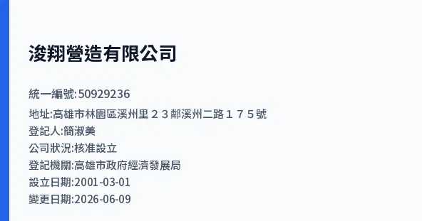 浚翔營造有限公司的照片-統編 50929236(高雄市) 公司登記資料與營業項目詳細圖表