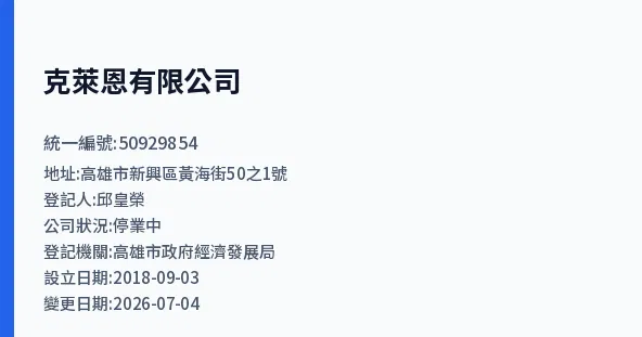 克萊恩有限公司的照片-統編 50929854(高雄市) 公司登記資料與營業項目詳細圖表