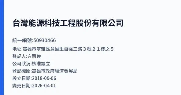 台灣能源科技工程股份有限公司的照片-統編 50930466(高雄市) 公司登記資料與營業項目詳細圖表
