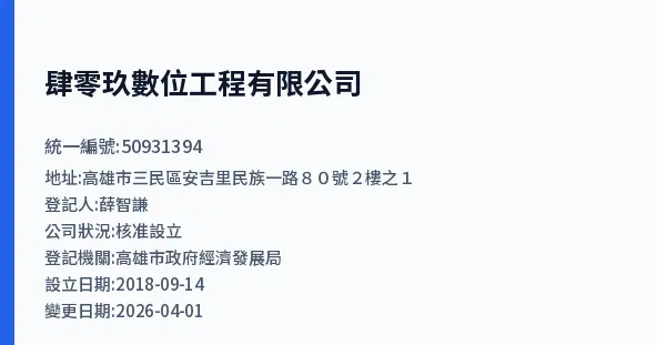 肆零玖數位工程有限公司的照片-統編 50931394(高雄市) 公司登記資料與營業項目詳細圖表