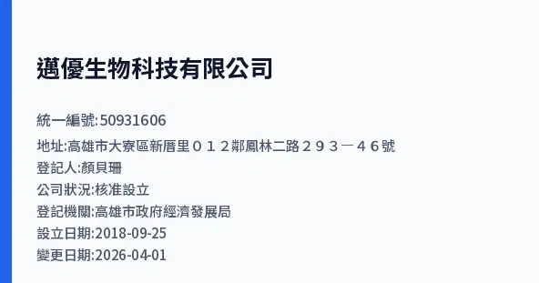 邁優生物科技有限公司的照片-統編 50931606(高雄市) 公司登記資料與營業項目詳細圖表