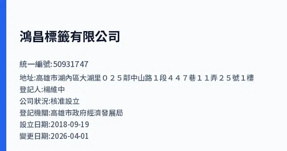 鴻昌標籤有限公司的照片-統編 50931747(高雄市) 公司登記資料與營業項目詳細圖表