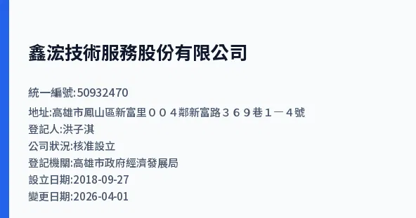 鑫浤技術服務股份有限公司的照片-統編 50932470(高雄市) 公司登記資料與營業項目詳細圖表