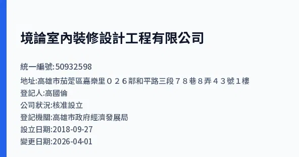 境論室內裝修設計工程有限公司的照片-統編 50932598(高雄市) 公司登記資料與營業項目詳細圖表