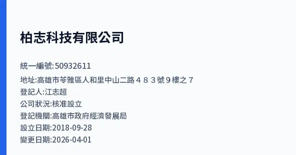 柏志科技有限公司的照片-統編 50932611(高雄市) 公司登記資料與營業項目詳細圖表