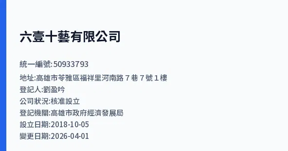 六壹十藝有限公司的照片-統編 50933793(高雄市) 公司登記資料與營業項目詳細圖表