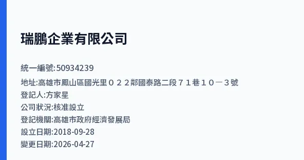 瑞鵬企業有限公司的照片-統編 50934239(高雄市) 公司登記資料與營業項目詳細圖表