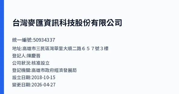 台灣麥匯資訊科技股份有限公司的照片-統編 50934337(高雄市) 公司登記資料與營業項目詳細圖表