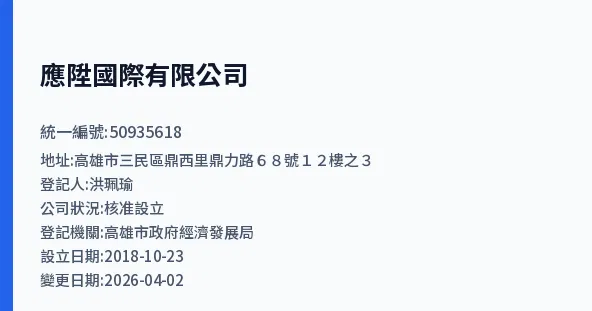 應陞國際有限公司的照片-統編 50935618(高雄市) 公司登記資料與營業項目詳細圖表