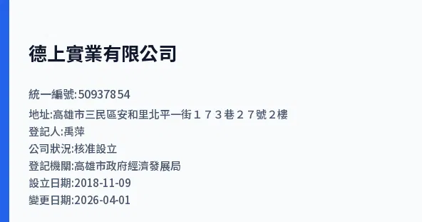 德上實業有限公司的照片-統編 50937854(高雄市) 公司登記資料與營業項目詳細圖表