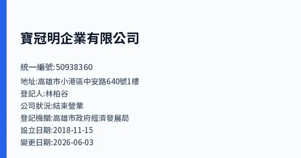 寶冠明企業有限公司的照片-統編 50938360(高雄市) 公司登記資料與營業項目詳細圖表