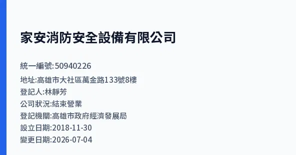 家安消防安全設備有限公司的照片-統編 50940226(高雄市) 公司登記資料與營業項目詳細圖表