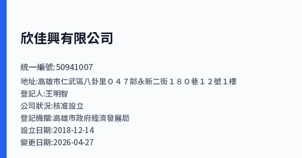 欣佳興有限公司的照片-統編 50941007(高雄市) 公司登記資料與營業項目詳細圖表