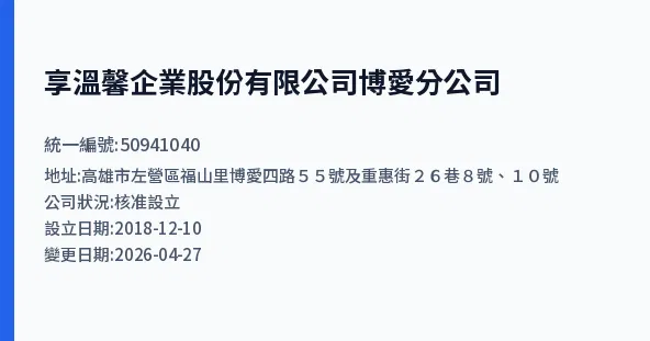 享溫馨企業股份有限公司博愛分公司的照片-統編 50941040(高雄市) 公司登記資料與營業項目詳細圖表