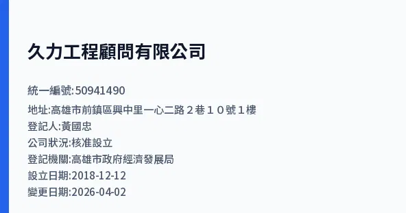 久力工程顧問有限公司的照片-統編 50941490(高雄市) 公司登記資料與營業項目詳細圖表