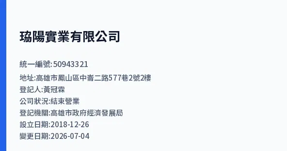 珕陽實業有限公司的照片-統編 50943321(高雄市) 公司登記資料與營業項目詳細圖表