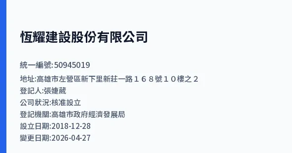 恆耀建設股份有限公司的照片-統編 50945019(高雄市) 公司登記資料與營業項目詳細圖表