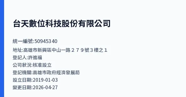 台天數位科技股份有限公司的照片-統編 50945340(高雄市) 公司登記資料與營業項目詳細圖表