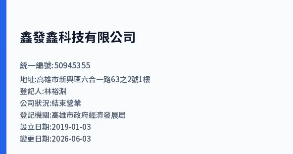 鑫發鑫科技有限公司的照片-統編 50945355(高雄市) 公司登記資料與營業項目詳細圖表