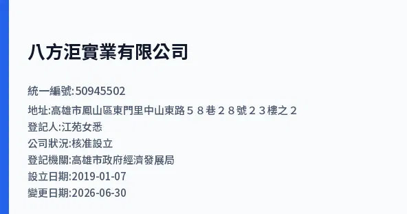 八方洰實業有限公司的照片-統編 50945502(高雄市) 公司登記資料與營業項目詳細圖表