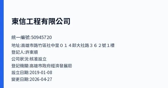 東信工程有限公司的照片-統編 50945720(高雄市) 公司登記資料與營業項目詳細圖表