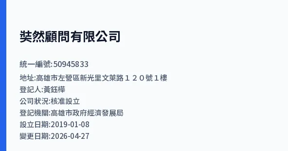 奘然顧問有限公司的照片-統編 50945833(高雄市) 公司登記資料與營業項目詳細圖表