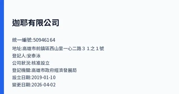 迦耶有限公司的照片-統編 50946164(高雄市) 公司登記資料與營業項目詳細圖表