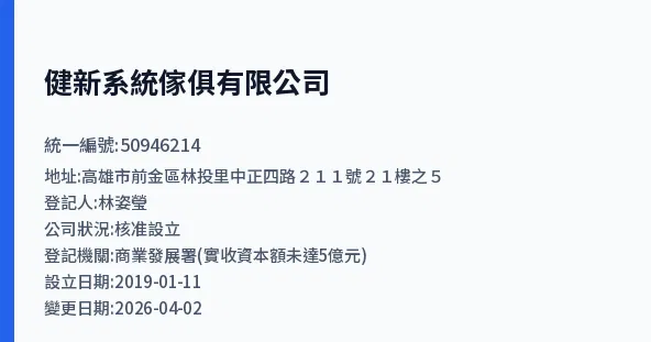 健新系統傢俱有限公司的照片-統編 50946214(高雄市) 公司登記資料與營業項目詳細圖表