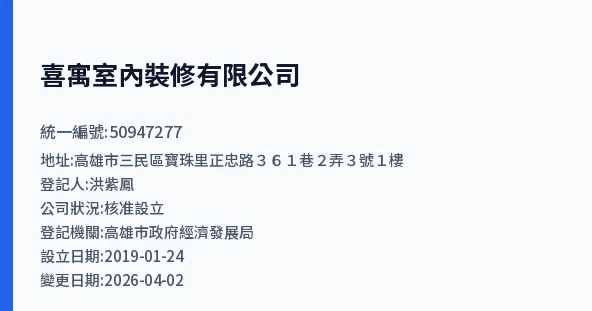 喜寓室內裝修有限公司的照片-統編 50947277(高雄市) 公司登記資料與營業項目詳細圖表
