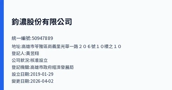 鈞濃股份有限公司的照片-統編 50947889(高雄市) 公司登記資料與營業項目詳細圖表