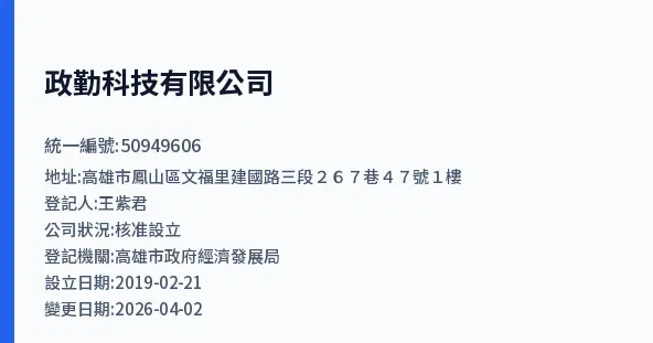 政勤科技有限公司的照片-統編 50949606(高雄市) 公司登記資料與營業項目詳細圖表