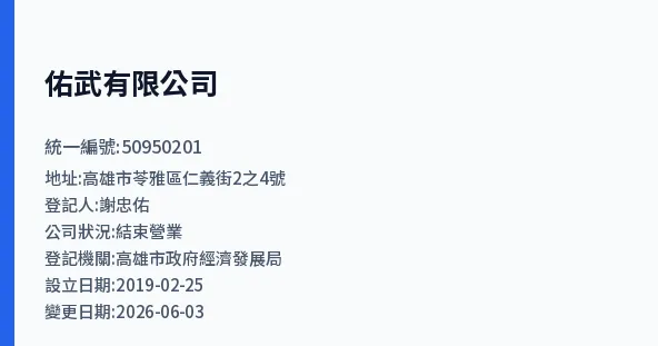 佑武有限公司的照片-統編 50950201(高雄市) 公司登記資料與營業項目詳細圖表