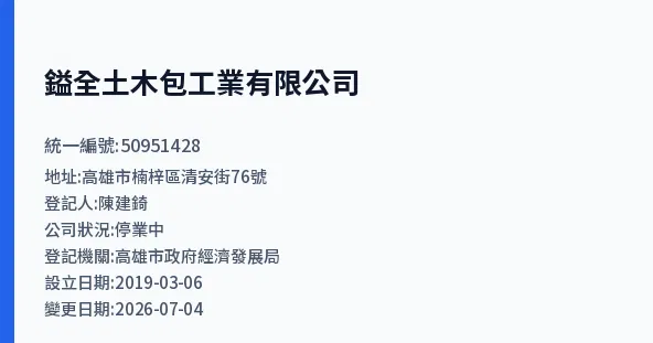 鎰全土木包工業有限公司的照片-統編 50951428(高雄市) 公司登記資料與營業項目詳細圖表
