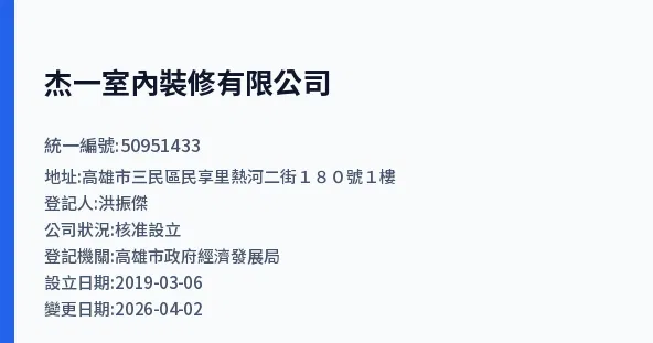 杰一室內裝修有限公司的照片-統編 50951433(高雄市) 公司登記資料與營業項目詳細圖表