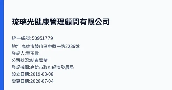 琉璃光健康管理顧問有限公司的照片-統編 50951779(高雄市) 公司登記資料與營業項目詳細圖表