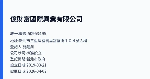 億財富國際興業有限公司的照片-統編 50953495(新北市) 公司登記資料與營業項目詳細圖表