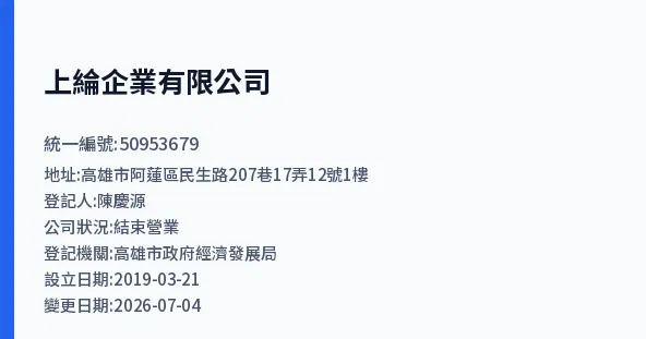 上綸企業有限公司的照片-統編 50953679(高雄市) 公司登記資料與營業項目詳細圖表