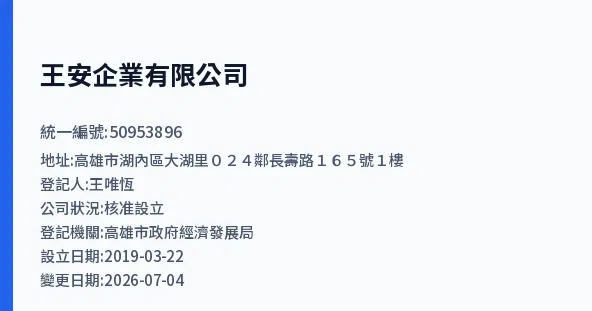 王安企業有限公司的照片-統編 50953896(高雄市) 公司登記資料與營業項目詳細圖表