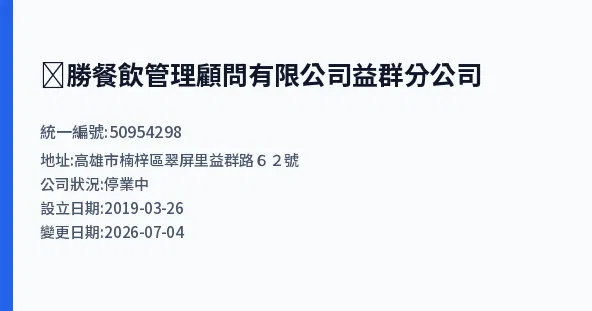 㱋勝餐飲管理顧問有限公司益群分公司的照片-統編 50954298(高雄市) 公司登記資料與營業項目詳細圖表