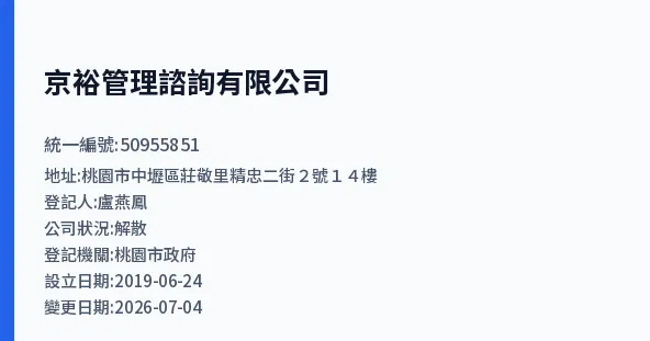 京裕管理諮詢有限公司的照片-統編 50955851(桃園市) 公司登記資料與營業項目詳細圖表
