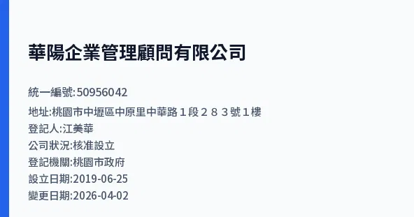 華陽企業管理顧問有限公司的照片-統編 50956042(桃園市) 公司登記資料與營業項目詳細圖表