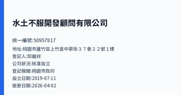 水土不服開發顧問有限公司的照片-統編 50957817(桃園市) 公司登記資料與營業項目詳細圖表