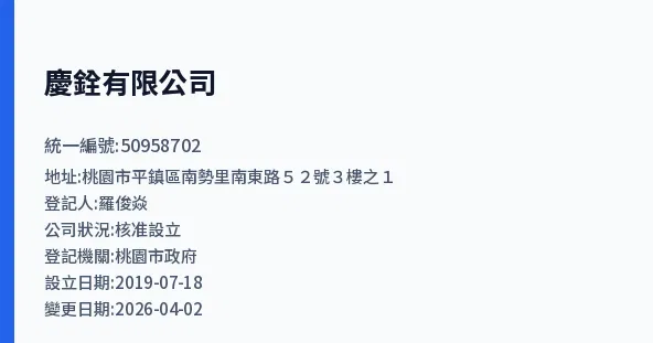 慶銓有限公司的照片-統編 50958702(桃園市) 公司登記資料與營業項目詳細圖表