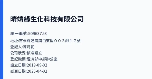 晴靖緣生化科技有限公司的照片-統編 50963753(苗栗縣) 公司登記資料與營業項目詳細圖表