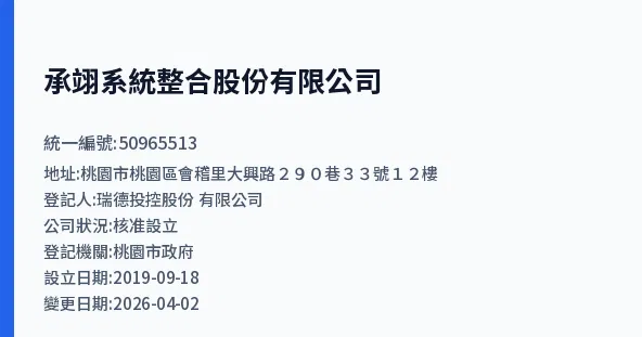 承翊系統整合股份有限公司的照片-統編 50965513(桃園市) 公司登記資料與營業項目詳細圖表