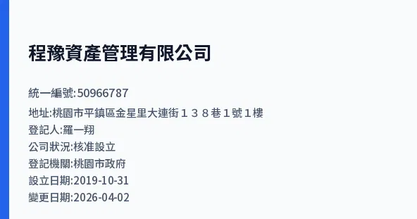 程豫資產管理有限公司的照片-統編 50966787(桃園市) 公司登記資料與營業項目詳細圖表