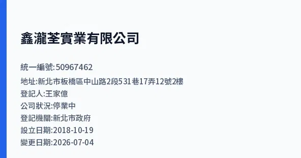 鑫瀧荃實業有限公司的照片-統編 50967462(新北市) 公司登記資料與營業項目詳細圖表